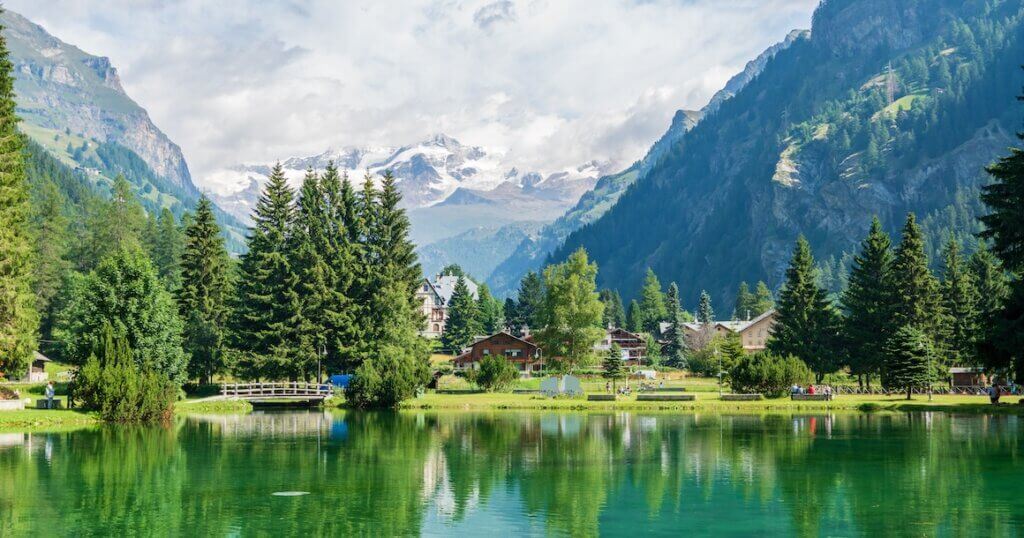 summer view of Lake Gover, Gressoney-Saint-Jean, Aosta Valley, Italy ...